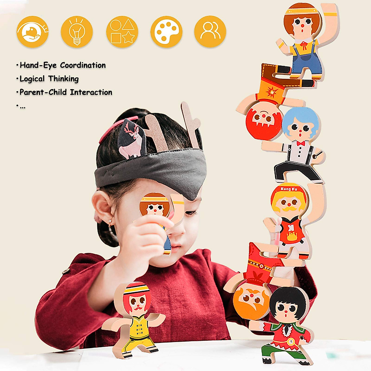 Naughtybro Wooden Stacking Balancing Blocks Building Games, Kung Fu Boy Hercules Acrobatic Troupe Interlock Balance Toys Gift for Toddlers Kids & Teens 14 Pieces