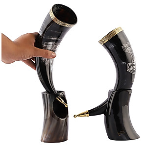 Genuine 12" Ox-Horn Viking Drinking Horn with Horn Stand, Thor Engraved Viking's Drink Cup - Food Safe Medieval Norse Style Horn