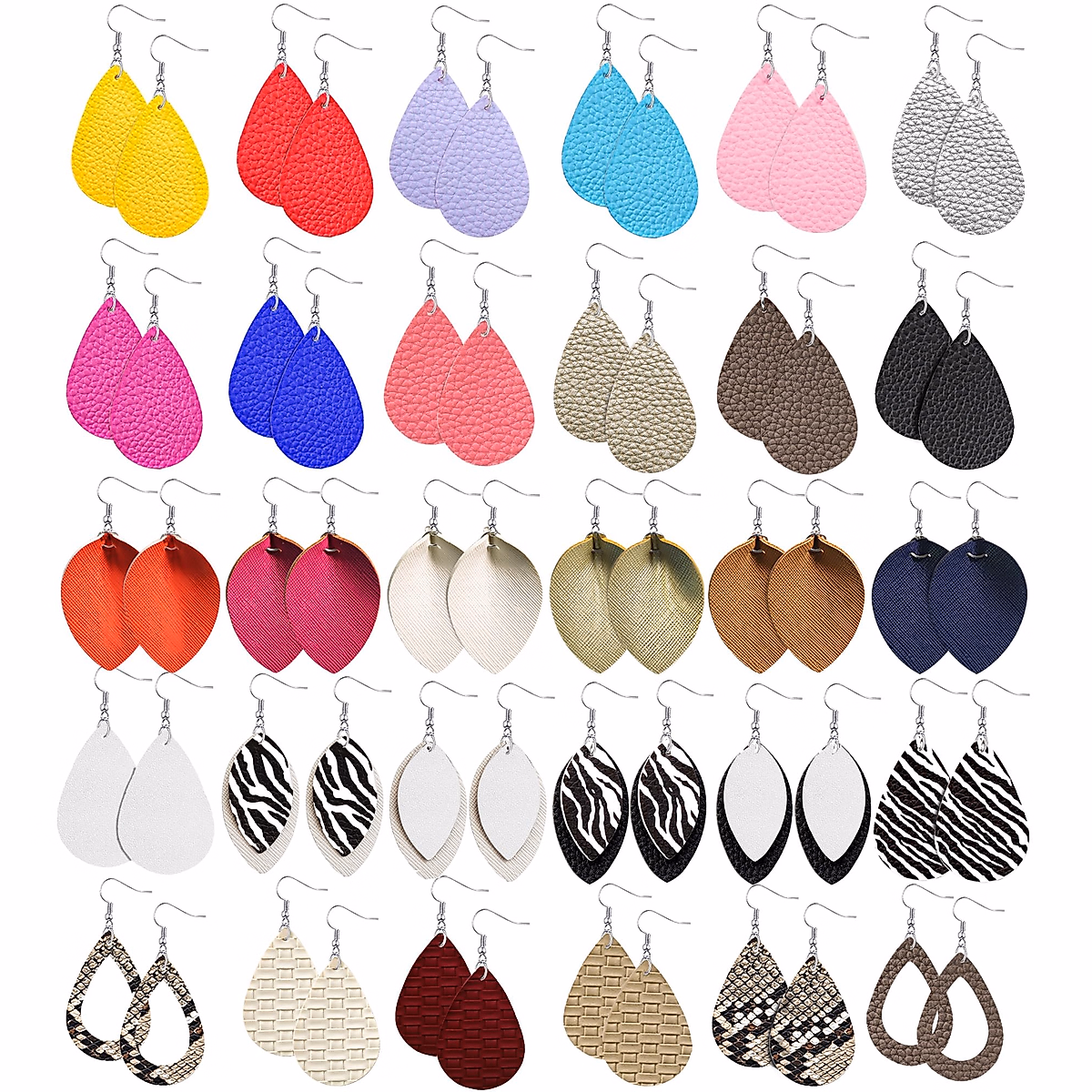 Gushu 28 Pairs Leather Earrings for Women Sets Drop Leather Earrings Multipack Colorful Leaf Teardrop Dangle Earrings Bulk for Women Double-Side Printed
