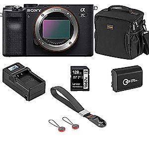 Sony Alpha 7C Mirrorless Digital Camera, Black - Bundle with Bag, 128GB SD Card, Extra Battery, Compact Charger, Wrist Strap