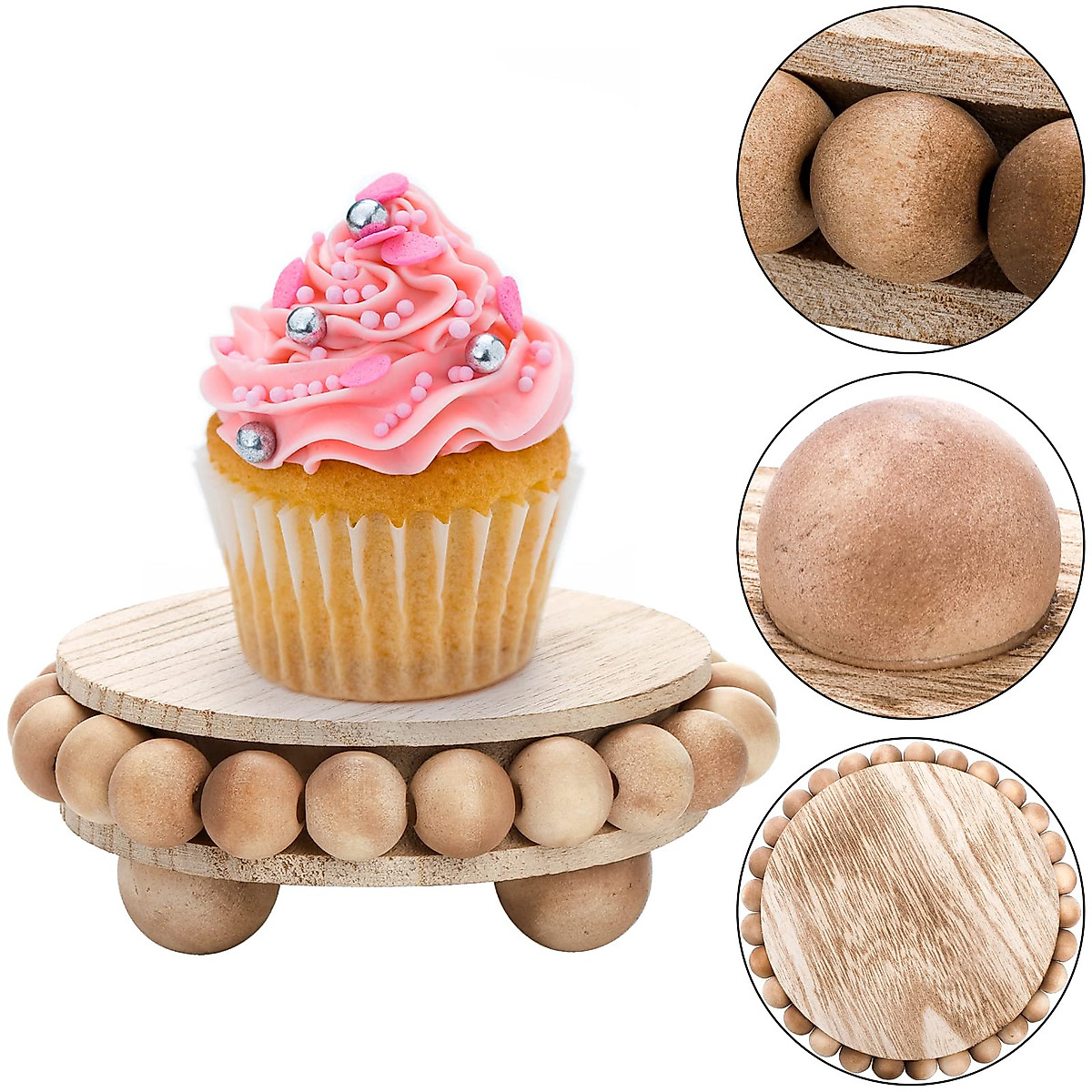 Peohud Set of 3 Wood Risers for Display, Farmhouse Wooden Pedestal Stand, Rustic Stool Plant Pot Holder, Beaded Display Riser for Tiered Tray Home Kitchen Counter Table Decor, 9.5/6/4 Inches