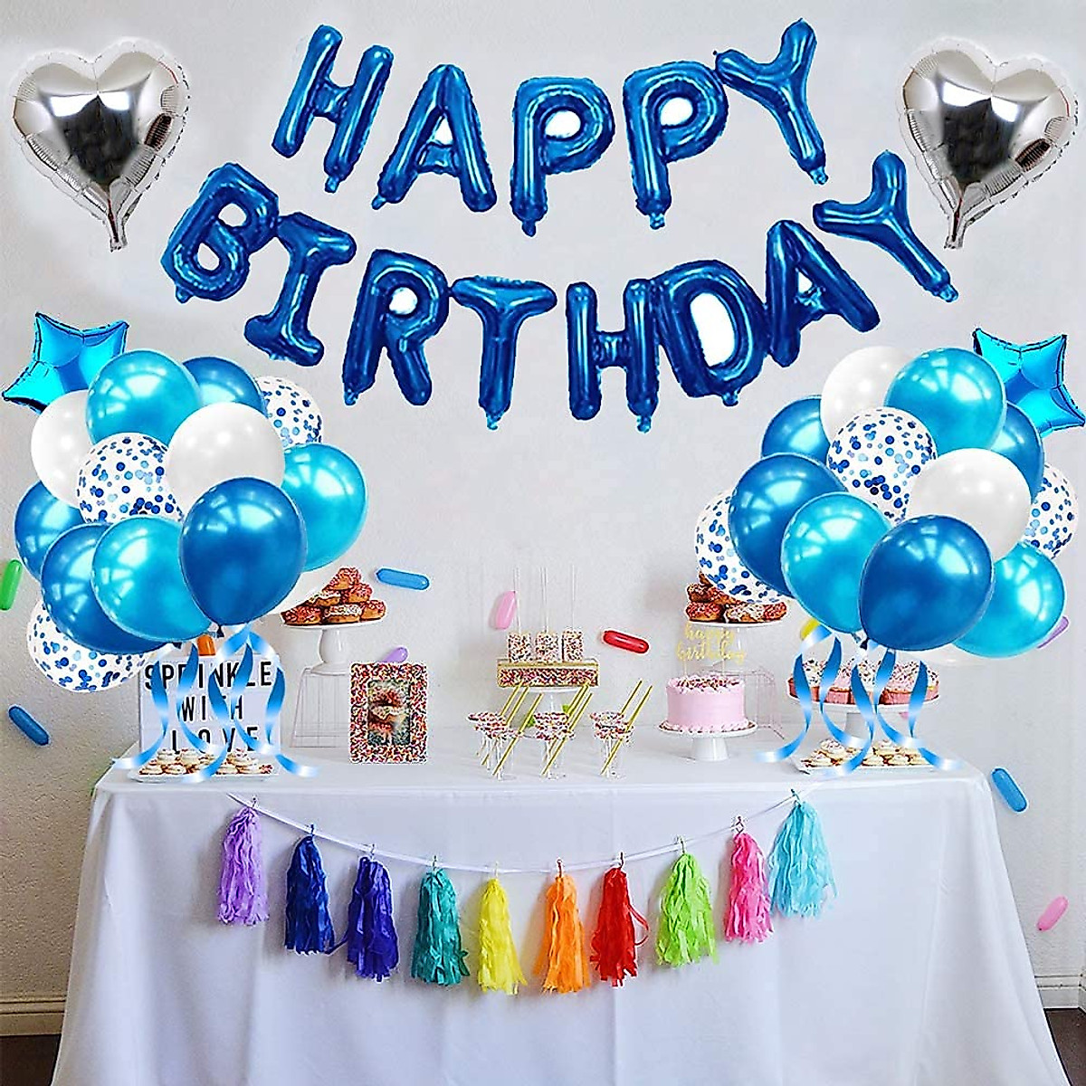 Blue Birthday Party Decorations Set with Blue Happy Birthday Balloons Banner, Confetti and Latex Balloon, Heart Star Foil Balloon, Foil Fringe Curtain for Blue Theme Birthday Party Supplies
