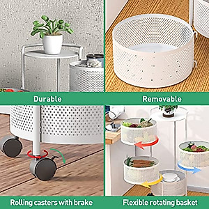 Rotating Storage Shelves Rack for Kitchen, 4-Tier Multi Layer Removable Basket Shelf Organizer on Rolling Wheels for Fruit Vegetable Grocery Corns Potato Onion (4-Tier , White)