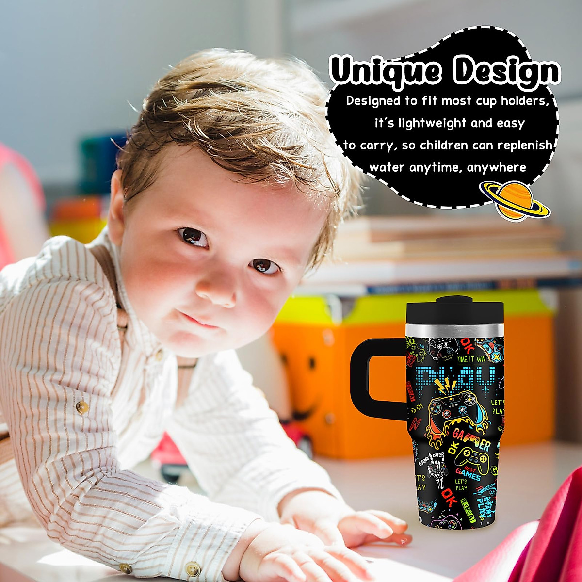Gamer Gifts for Boys, 14 oz Game Tumbler with Handle and Straw for Kids, Gaming Mugs for Toddlers, Insulated Stainless Steel Leak Proof Tumbler for Gamer, Gaming Boys Gifts
