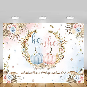 MEHOFOND 7x5ft Pumpkin Gender Reveal Backdrop Fall Autumn Pumpkin Boho Floral Gender Reveal Photography Background He or She What Will Our Little Pumpkin Be Party Decorations Banner Photo Studio Props