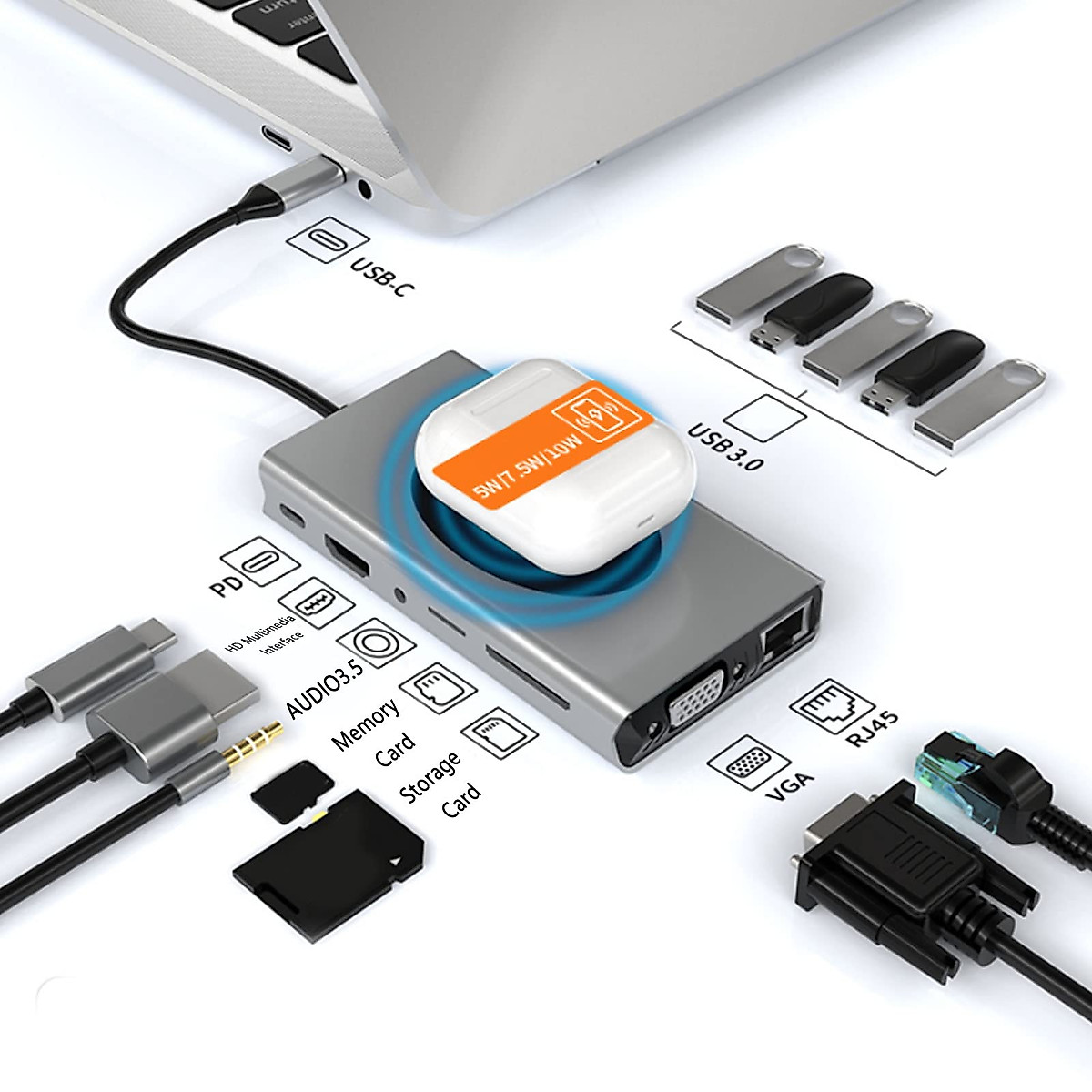 13 in 1 USB C Hub, USB C Splitter, Type C to HD Multimedia Interface VGA 5 X USB3.0 Memory Card Storage Card RJ45 PD AUDIO3.5 Wireless Charging 10W, Gray