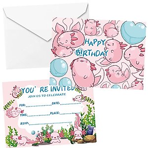 UOKRANH 16PCS Axolotl Birthday Invitation Cards 16PCS Animal Anime Postcard Styles 5x7 inches Invitations With Axolotl Graffiti Birthday Party Invite Card Supplies for Children（Envelope Included）