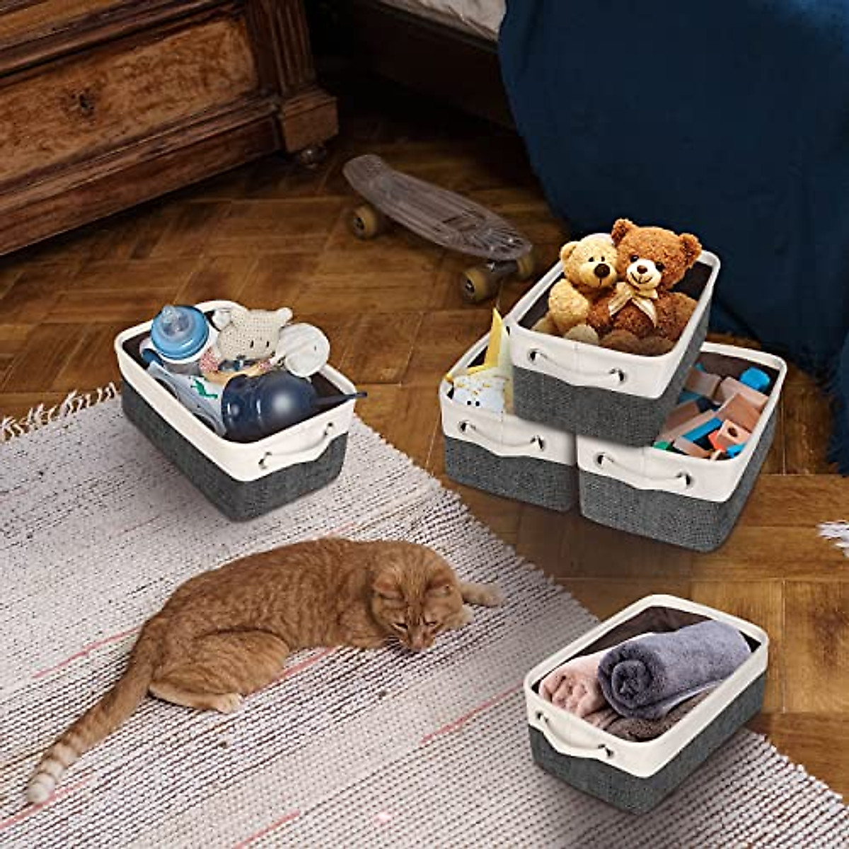 EXTREE Fabric Small Storage Baskets - 6 Pack Nursery Decorative Storage Bins Linen Empty Gift Basket with Handles for Organizing Shelves Bathroom(Gray,11.8L x 7.9W x 5.3H inches)