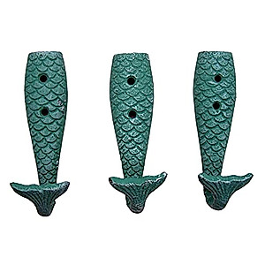 Cast Iron Mermaid Tail Wall Hooks, Beach Themed Décor, Set of 3, 5 Inches