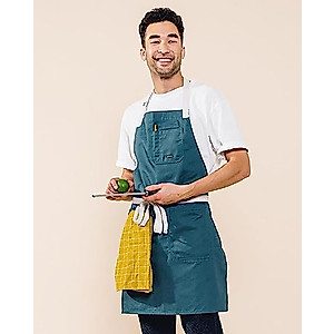Caldo Daily Cotton Kitchen Apron for Cooking- Mens and Womens Professional Chef or Server Bib Apron - Adjustable Straps with Pockets and Towel Loop (Spruce)