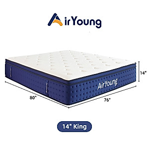 AirYoung King Mattress 14 Inch, Memory Foam Pocket Coil Hybrid Mattress King, Zero Pressure Back Pain Relieve Lumbar Support, with CertiPUR-US Certified, Plush Feel, 120-Night Trial