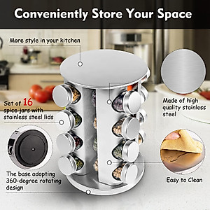 Rotating Spice Rack with 16 Jars, Revolving Spice Rack Organizer for Cabinet, Seasoning Organizer Stainless Steel Kitchen Spice Tower with Labels for Countertop