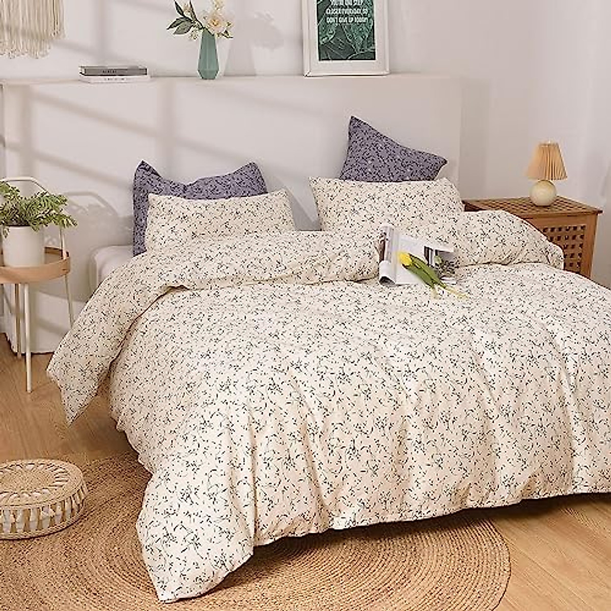 Lekesky Cotton Duvet Cover Queen Size - 100% Washed Cotton Beige Floral Duvet Cover Set for All Season, Soft and Breathable Bedding Set with Zipper Closure & Corner Ties
