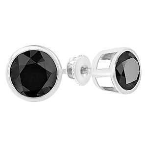 .925 Sterling Silver 1.00 Cttw Round Brilliant-Cut Black Diamond Bezel-Set Stud Earrings with Screw Backs (Fancy Color-Enhanced, I2-I3 Clarity)