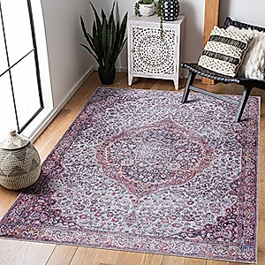Georgia Collection Cael Machine Washable Area Rug - Oriental Persian Floral Faded Style - Living Room Bedroom Vintage Distressed Carpet - Pet Friendly - Purple, Orange, Off White - 5'3" x 7'3"