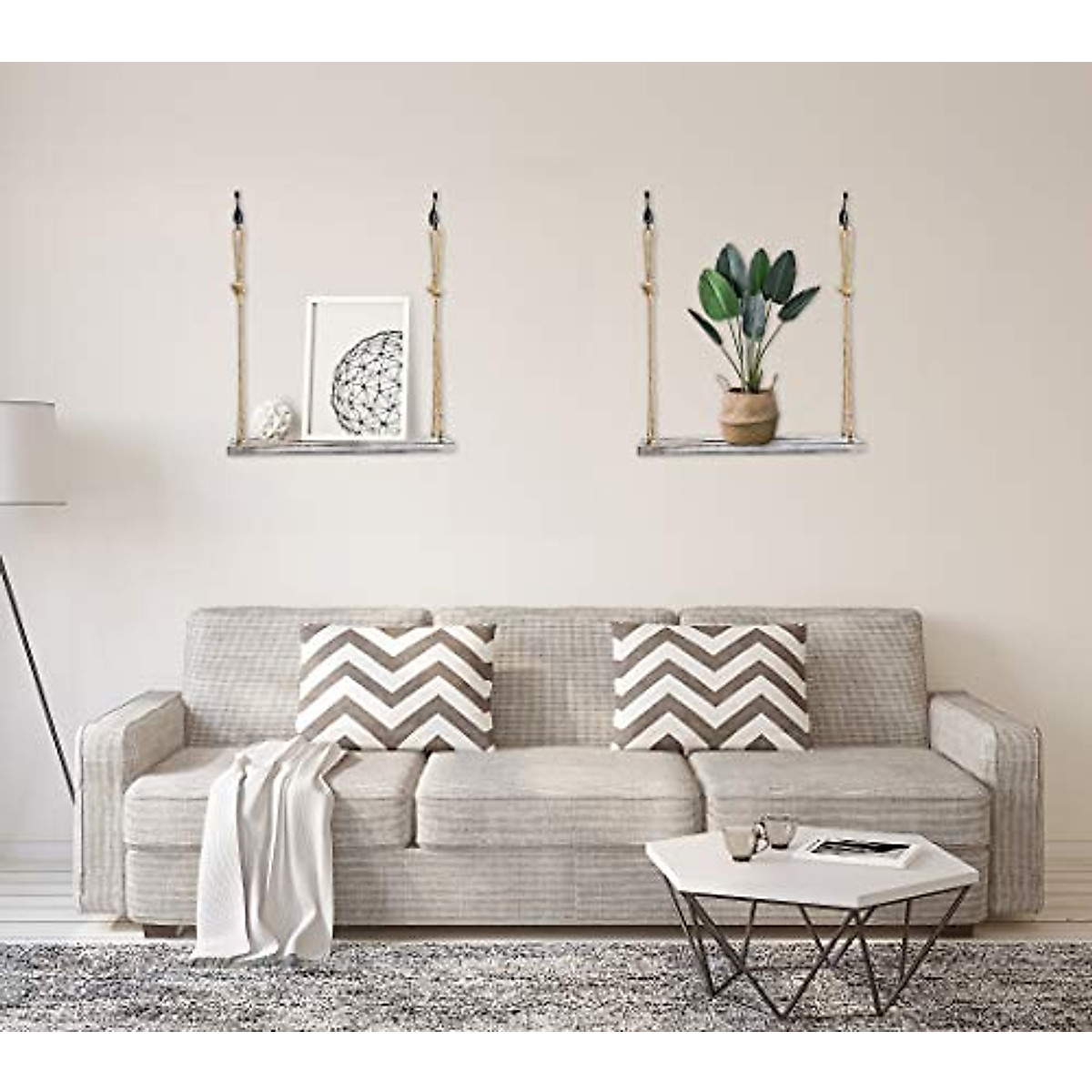 Wood Rope Hanging Floating Shelves Set of 2, Hanging Shelves for Wall Decor, Window Rope Wood Hanging Plant Shelf, Wall Hanging Rope Shelves for Living Room, Bedroom, Bathroom and Kitchen ( White)