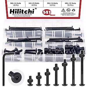 Hilitchi M6 140Pcs Black Hex Socket Head Screws Bolts Barrel Nuts Hardware Assortment Kit for Crib Baby Bed Furniture Cots and Chairs (15-75mm Assortment Kit)