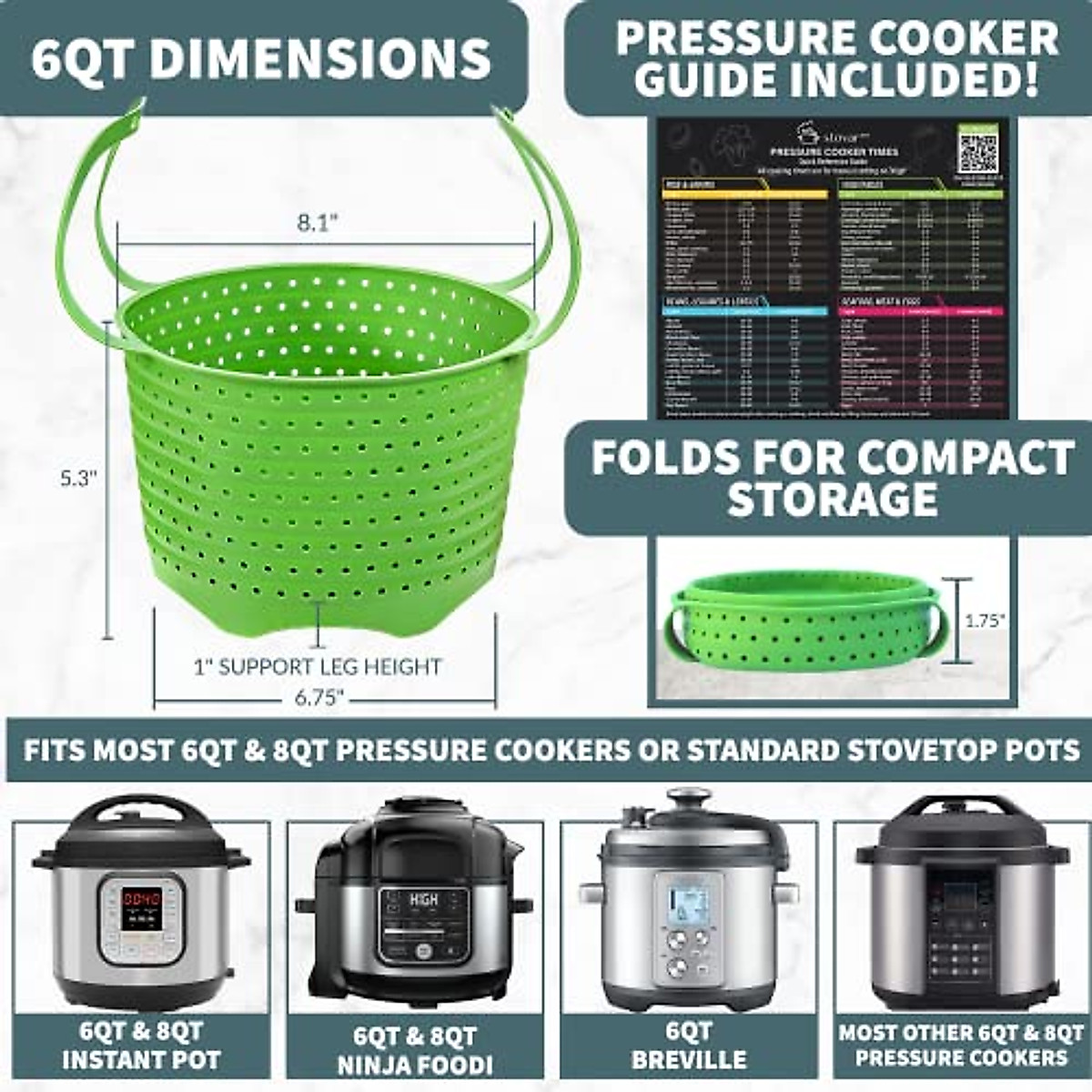 Silicone Steamer Basket For 6QT Instant Pot, Ninja Foodi, Other Pressure Cookers [3qt & 8qt avail] - Multiuse Silicone Strainer Steam Basket - Vegetable Steamer Basket for Pot & Pressure Cooker, Green