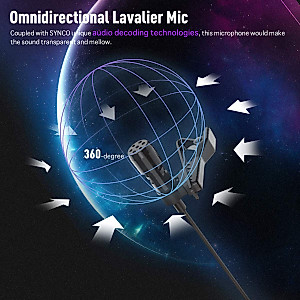 SYNCO Lav-S6M Lavalier Microphone, 3.5mm Audio-Monitor Port Clip-on Condenser Mic Support USB Charging, 6M/19.7 FT Cable Noise Reduction for YouTube, Interview, Conference, Live Broadcast