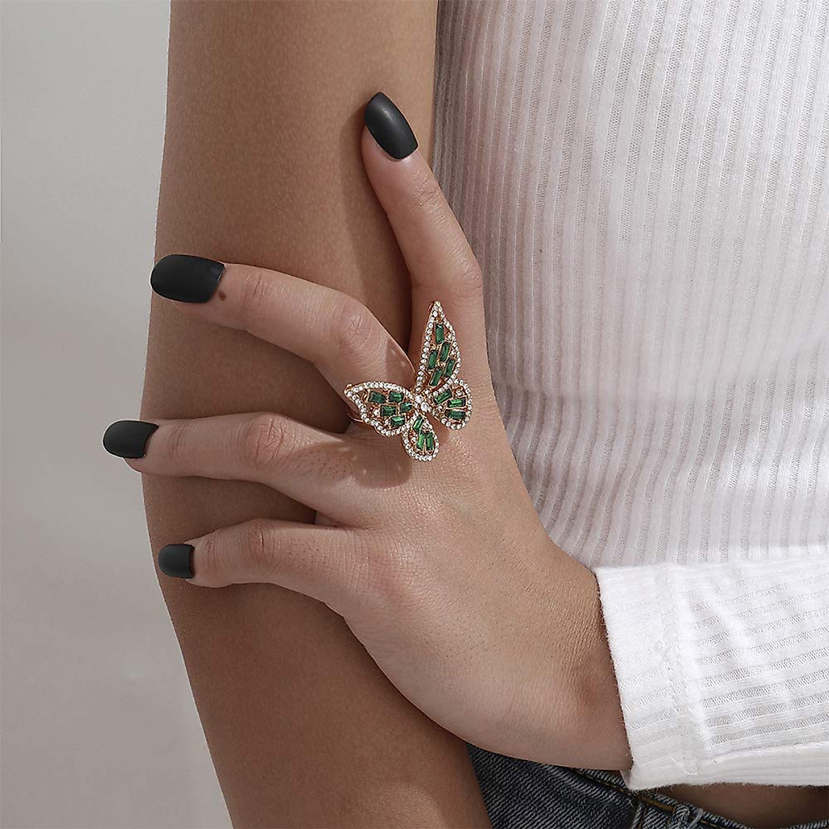 Aimimier Cubic Zirconia Butterfly Ring Sparkling Crystal Bow-Knot Knuckle Ring Wedding Jewelry for Women(Gold-green)