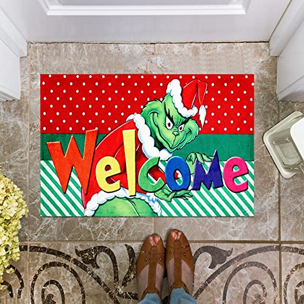 EVECLIOO Christmas Door Mat, Green Cartoon Character Car Kitchen Rug Decor of Winter Holiday Party Home Decorations Non-Slip, Washable, Stain and Resistant Fade, Welcome