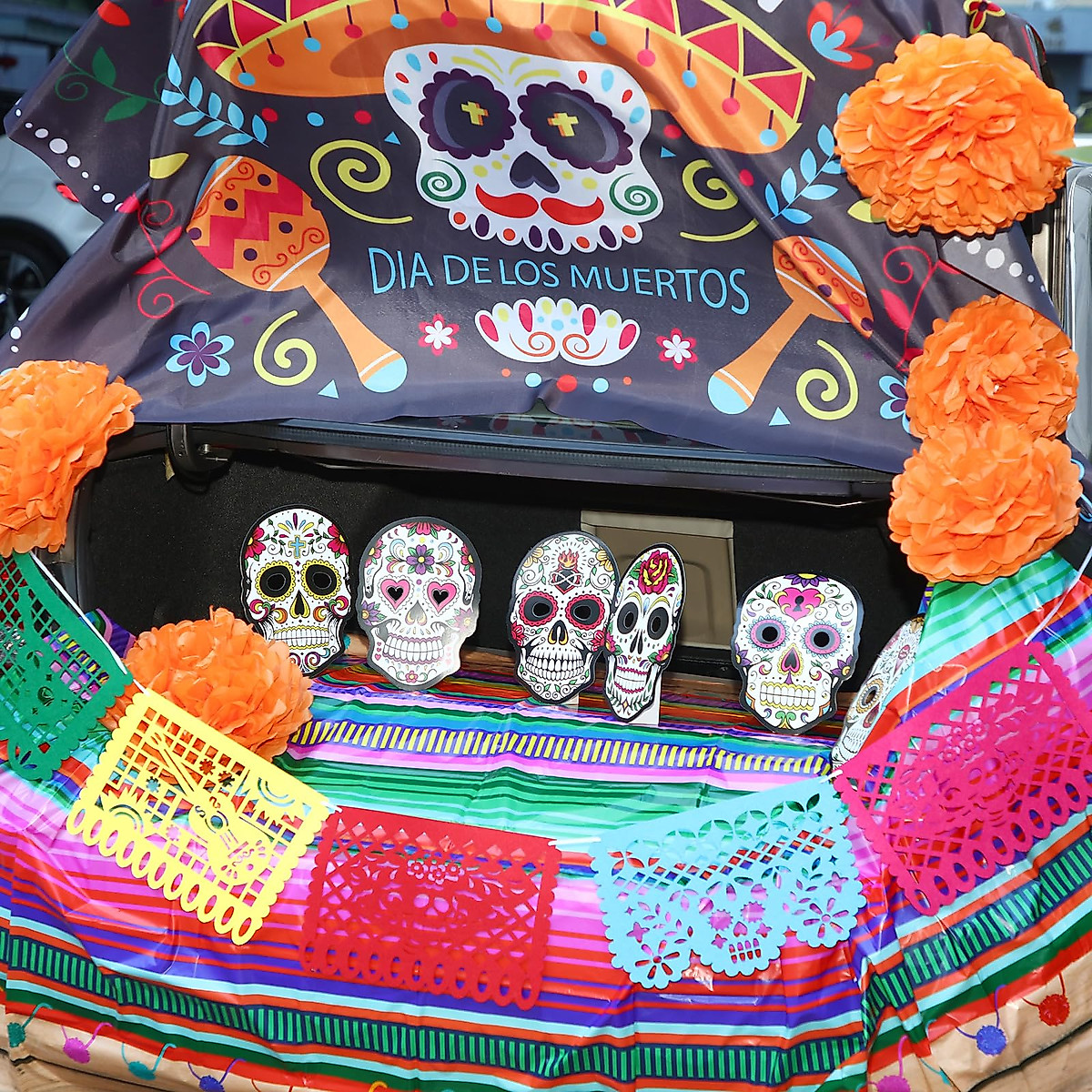 Buryeah 23 Pcs Halloween Day of The Dead Trunk or Treat Car Decorations Kit Dia De Los Muertos Themed Car Decor Mexican Serape Marigold Flower Heads Cutouts Background for Car Trunk