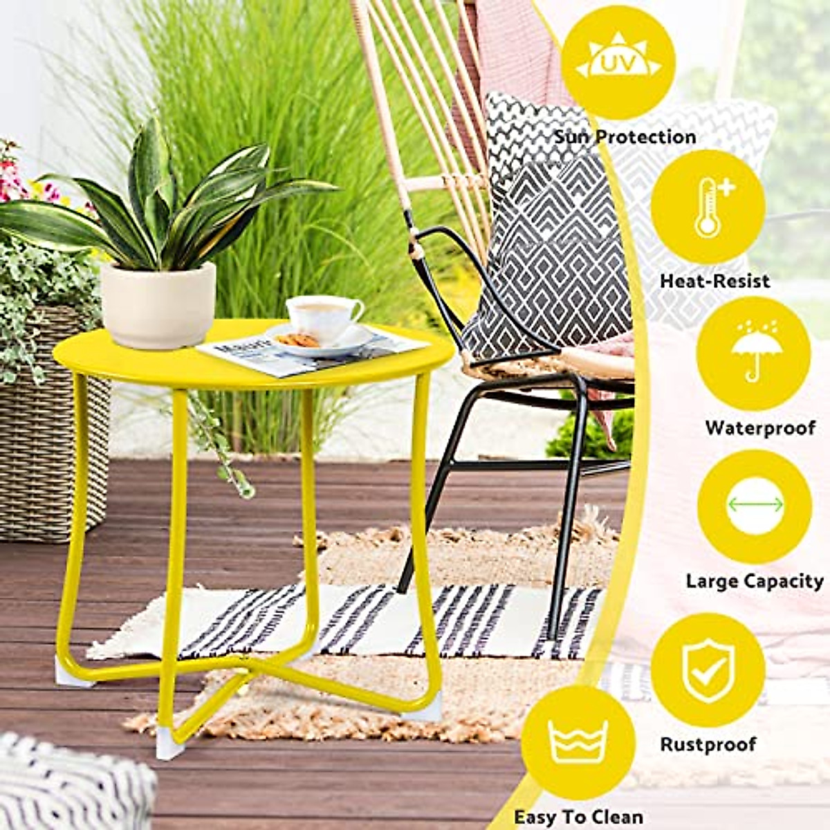 AMAGABELI GARDEN & HOME Metal Patio Side Table 18” x 18” Weather Resistant Anti-Rust Outdoor End Table Small Steel Round Coffee Table Porch Table Snack Table for Balcony Garden Yard Lawn, Yellow