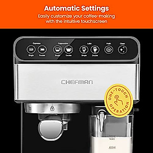 Chefman 6-in-1 Espresso Machine with Built-In Milk Frother, 15-BAR Pump, Digital Display, One-Touch Single or Double Shot Espresso for Cappuccinos and Lattes, XL 1.8-L Water Reservoir, Stainless Steel