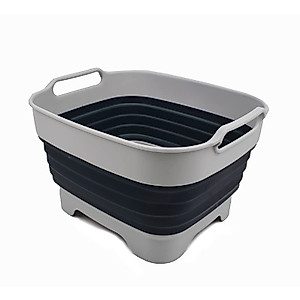 SAMMART 9L Collapsible Dishpan with Draining Plug - Foldable Washing Basin - Portable Dish Washing Tub - Space Saving Kitchen Storage Tray (Grey/Slate Grey, 1)