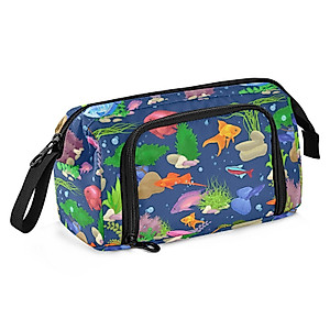 PJGINUIUA Pencil Case School Supplies Pouch, Ocean Fish Nylon Handheld Pen Bag Big Makeup Bag for Teen Boys Girls School Students