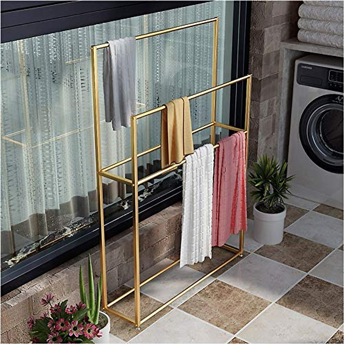 HBBY Tall Towel Rack for Skinny Spaces, Freestanding Bathroom Towel Holder Stand 2 Tier, Rust-Resistant Bath Drying Rack for Outdoor Pool,Hotel, Beach, Blanket gold-75x20x110cm
