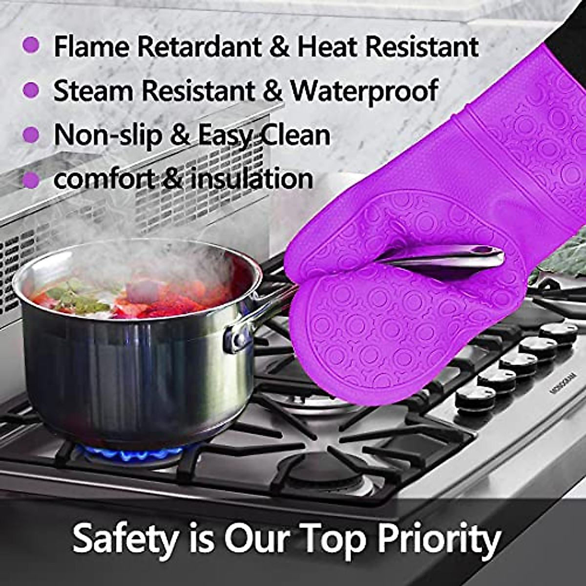 Silicone Oven Mitts and Pot Holders Set, MTZRFLL Extra Long Heat Resistant Oven Gloves with Hot Pads and Mini Oven Mittens for Grilling, Kitchen Cooking Baking, Soft Quilted Lining, Pack of 6 (purple)