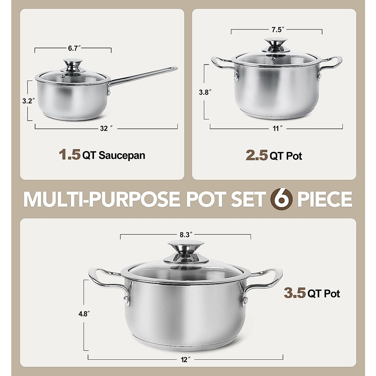 Michelangelo Stainless Steel Pot Set, 6 Piece Small Sauce Pot, 1.5qt & 2.5qt & 3.5qt Saucepan with Lids, Works with Induction, Electric and Gas Cooktops, Oven Safe