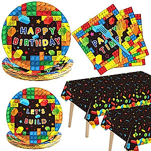 gisgfim Building Blocks Party Tableware Kit for 24 Guests Colorful Blocks Theme Birthday Party Decorations Kids Blocks Party Table Supplies Includes Plates, Napkins, Tablecloths Ideal