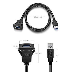 URWOOW USB3.0 Square Flush Mount - 1M 3ft USB 3.0 Extension Mount, Dash Mount, Flush Mount, Panel Mount Cable, for Car, Boat, Motorcycle (3 feet)