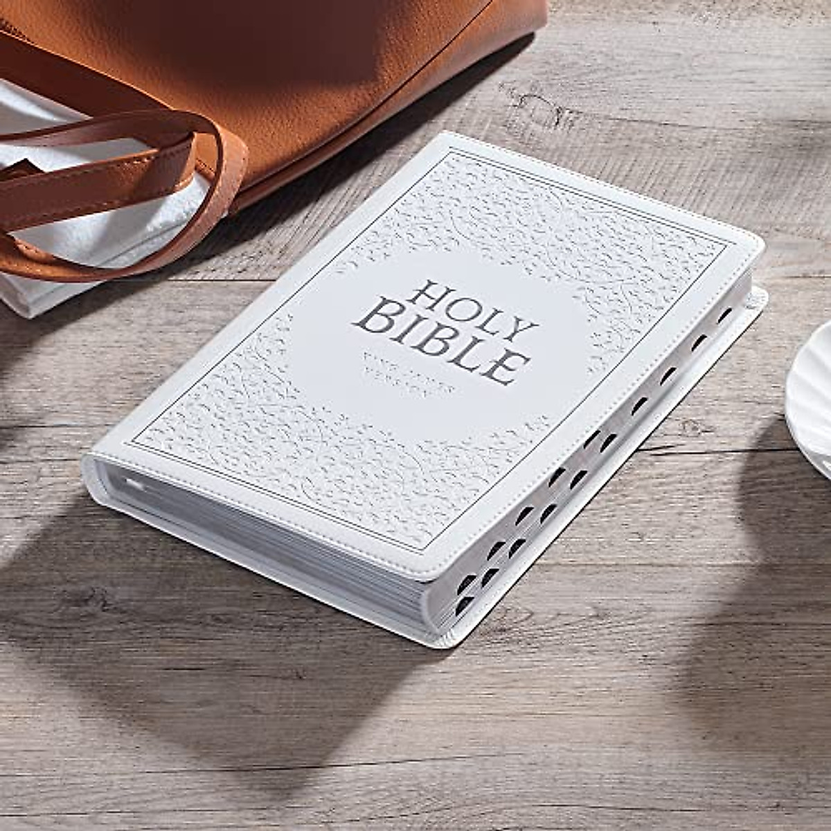 KJV Holy Bible, Thinline Large Print Faux Leather Red Letter Edition Thumb Index & Ribbon Marker, King James Version, White