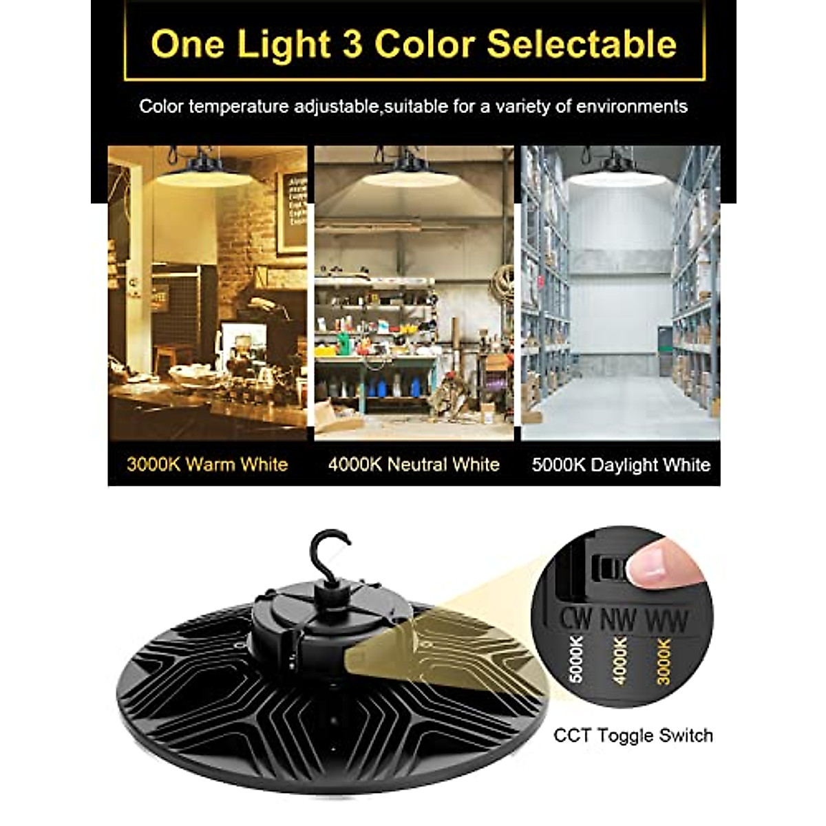 ORRGENA High Bay LED Light UFO High Bay LED Shop Lights, 80W/100W/150W Adjustable, 3000K/4000K/5000K Adjustable, Dimmable AC100-277V Low Bay Lighting for Gym Warehouse Factory Fixture