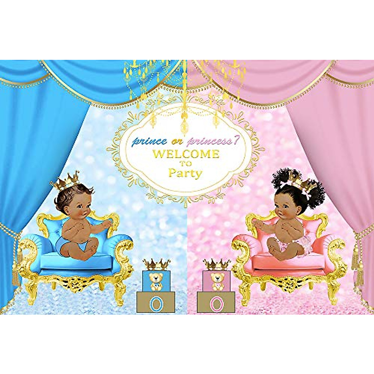 7x5ft Prince or Princess Royal Gender Reveal Party Backdrops for Photography Unisex Baby Shower Pink or Blue Curtain Banner Decoration Photo Background W-2026