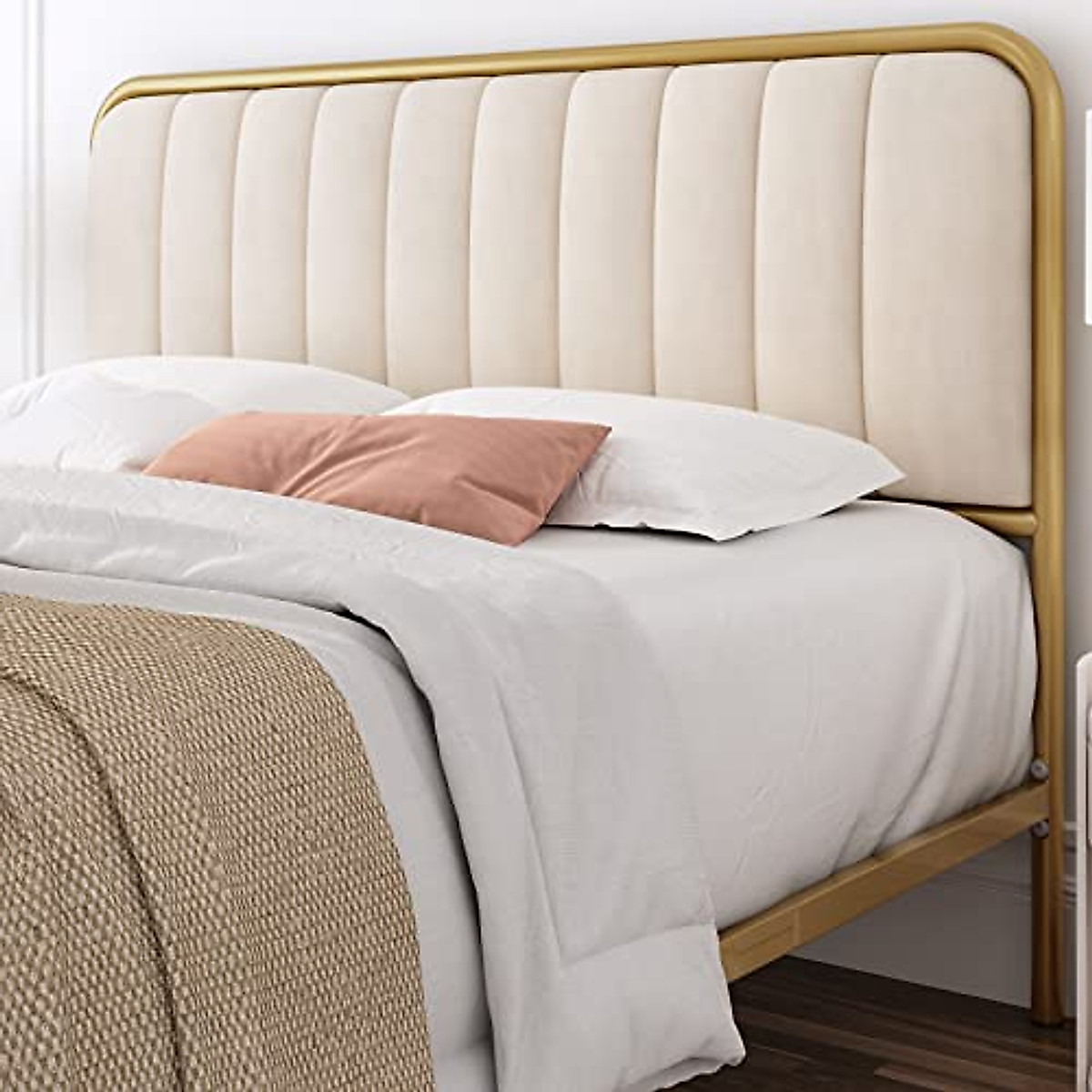 HITHOS Full Size Bed Frame, Upholstered Bed Frame with Button Tufted Headboard, Heavy Duty Metal Mattress Foundation with Wooden Slats, Easy Assembly, No Box Spring Needed (Golden/Off White, Full)