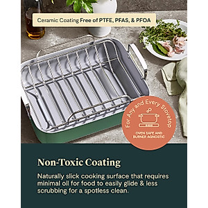 Caraway Roasting Pan - 16x13” Roasting Pan with Rack - Non-Stick Ceramic Coated - Non Toxic, PTFE & PFOA Free - Oven Safe & Compatible with All Stovetops - Cream