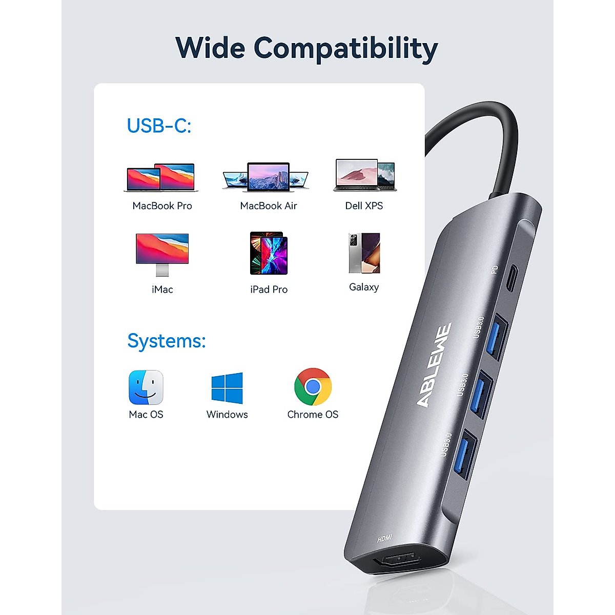 USB C Hub, ABLEWE USB C to HDMI Multiport Adapter, Thunderbolt 3 to HDMI Hub with 4K HDMI, 3*USB 3.0 and 100W PD Charging Adapter for MacBook Pro/Air 2020, iPad Pro/Chromebook/Pixelbook/XPS/Surface