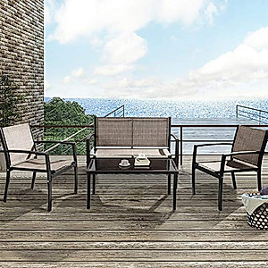 Tuoze 4 Pieces Outdoor Patio Furniture Set Conversation Set with Glass Coffee Table Bistro Set with Loveseat Garden Yard Lawn and Balcony (Brown)