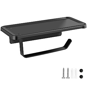 Ihvewuo formsiwod Black Toilet Roll Holder Aluminum Toilet Paper Holder with Phone Shelf Wall Mounted Toilet Roll Holder with Screws Anti-Rust Toilet Paper Holder for Bathroom Kitchen JK