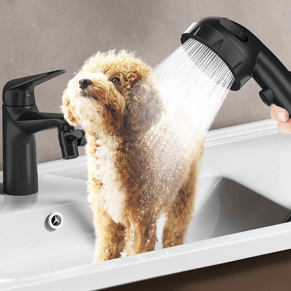 HOWUWEY Sink Hose Attachment With 5 Adapters, Tub Sprayer, 3 Spray Modes Shower Head, ON/OFF Button, Filtered Sprayer for Faucet (Matte Black)