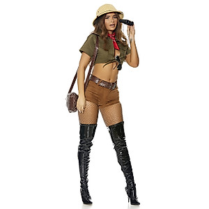 Forplay Women's Safari Costume Halloween 7-Piece Outfit with Top, Shorts, Belt, Bandana, Bag, Glasses and Binoculars, Olive, XS/S
