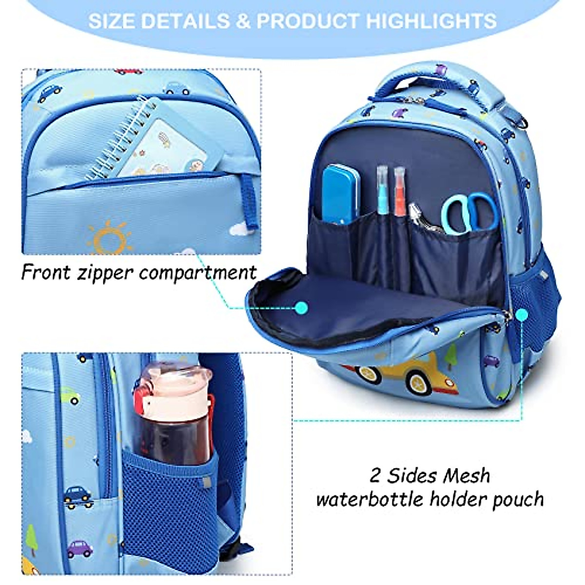 MINGHUICHIC Kids Backpack for Boys Girls Cute Lightweight Elementary Toddler School Bags with Padded Back & Adjustable Strap (Cars)