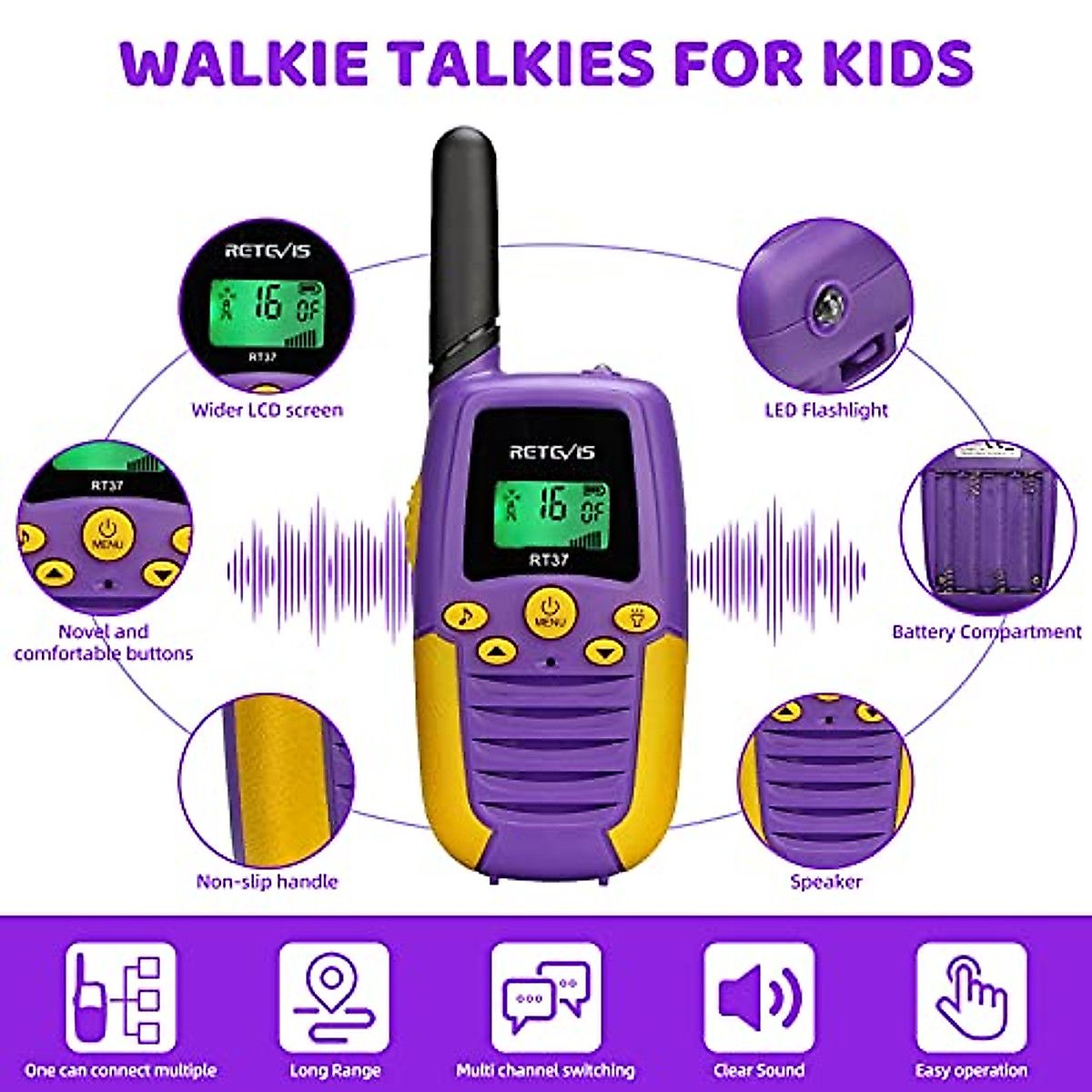 Retevis RT37 Walkie Talkies for Kids,Toy Gifts for 6-12 Year Boys Girls, Walkie Talkies 22 CH, LED Flashlight, Indoor Family Activities Long Range for Camping,Hiking,Outdoor(Purple,2 Pack)