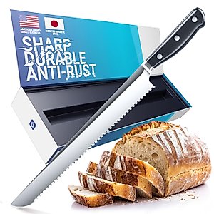 FOXEL Best Bread Knife 10 Inch Serrated - Razor Sharp Rust Resistant Japanese VG10 Steel for Cutting Bread, Cake, Sourdough, Sandwiches, Bagels, and Hard Crust - Black Handle