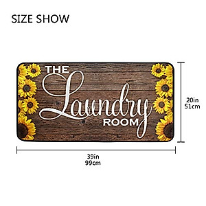 Laundry Room Rug Area Mat Non-Slip Sunflower and Wooden Board 1 Runner Rug Rubber Backing Floormat Runner, 39 x 20 Inch,Super Absorbent