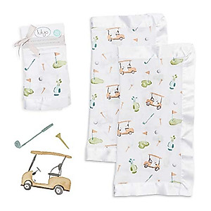 lulujo Baby Security Lovie Blankets| Unisex Softest Breathable Cotton Muslin Security Blanket with Silky Satin Trim| Neutral Comforting Blanket for Girls & Boys | 16in by 16 in| Golf